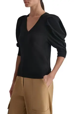 Dkny Puff Sleeve V-neck Sweater - Black
