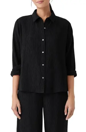 Eileen Fisher Classic Plissé Button-up Shirt - Black