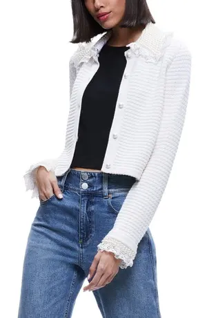 Alice + Olivia Noella Imitation Pearl Detail Cotton & Wool Blend Cardigan Soft White
