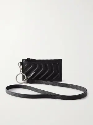 Balenciaga Logo-print Full-grain Leather Zipped Cardholder With Lanyard - Black