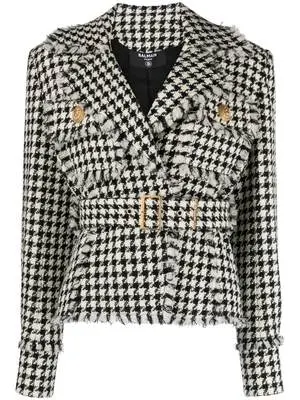 Balmain Houndstooth Tweed Belted Jacket - Neutrals