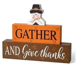 GLITZHOME 9.5l Thanksgiving Wooden Pilgrim Tab Le Block Sign - One-color