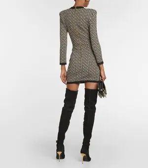 Balmain Monogram Wool-blend Knit Minidress - Black