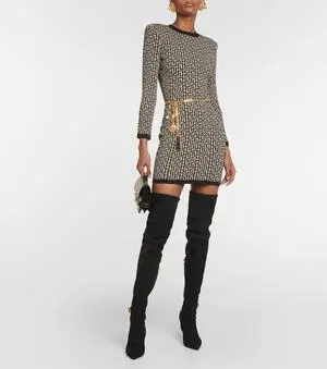 Balmain Monogram Wool-blend Knit Minidress - Black