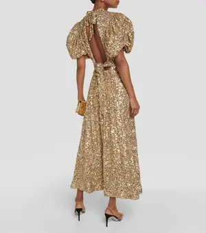 rotate gold sequin dress Rotate By Birger Christensen Sequined Puff-Sleeve Midi Dress - Gold
