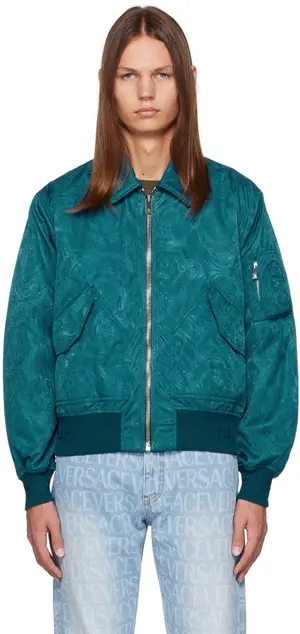 Versace Versace Blue Barocco Bomber Jacket - 1uf90-dark Teal