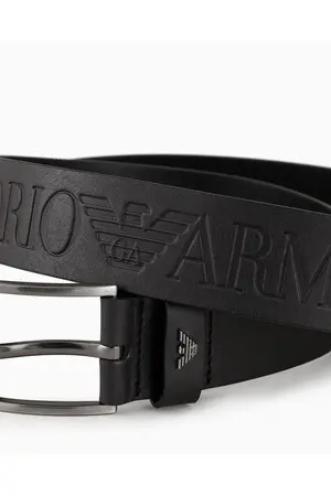 Emporio Armani Tumbled-leather Belt With Oversized Logo - Black