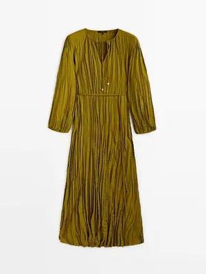 Massimo Dutti Pleated Midi Dress With Drawstrings In Olive - 44% Off |  Editorialist