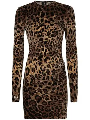 Dolce & Gabbana Logo-plaque Leopard-print Mini Dress - Brown