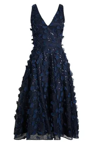 eliza j textured fit and flare dress Eliza J Sequin Floral Appliqué Fit & Flare Dress In Navy - 50% Off