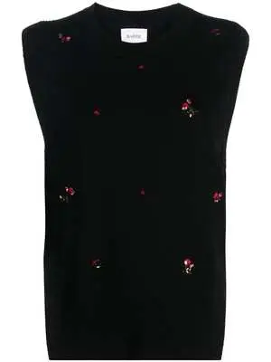 BARRIE Floral-embroidered Cashmere Top - Black