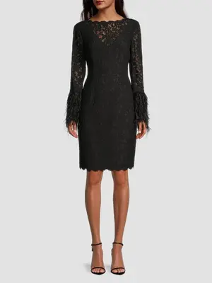 Shani Feather-trim Lace Sheath Dress