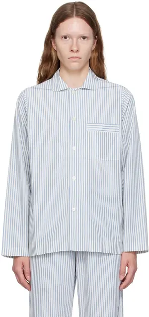 TEKLA Tekla White & Blue Striped Pyjama Shirt - Placid Blue
