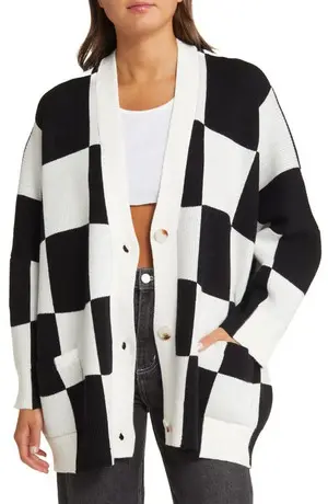 DRESSED IN LALA Oversized Checkerboard Cardigan - Black  White Check