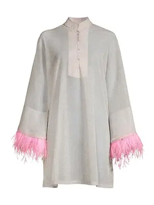 La Vie Style House Women's Feather-Embellished Mini Caftan - Silver - Silver