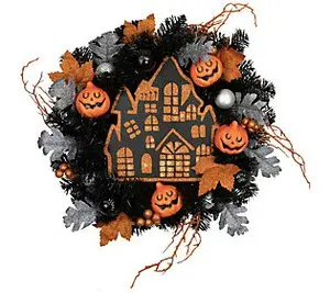 NORTHLIGHT Orange & Black Haunted House Hallowe En Wreath 24 - One-color