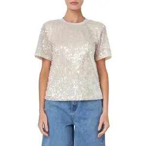 GREY LAB Sequin Top With Padded Shoulders - Nude Pink