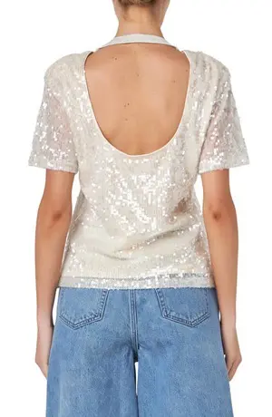 GREY LAB Sequin Top With Padded Shoulders - Nude Pink
