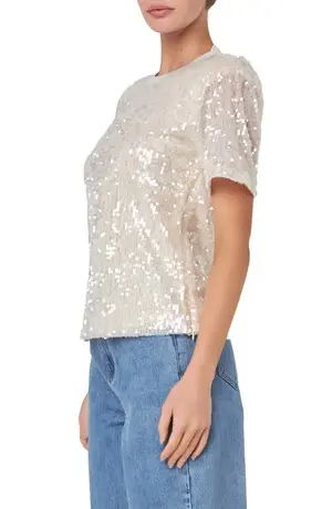 GREY LAB Sequin Top With Padded Shoulders - Nude Pink