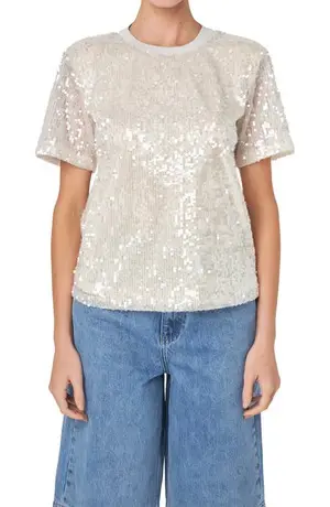 GREY LAB Sequin Top With Padded Shoulders - Nude Pink