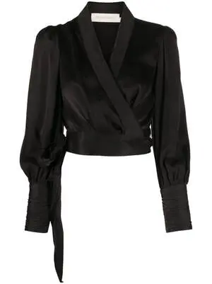 Zimmermann Cropped Silk Wrap Top - Black