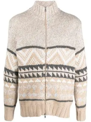 Brunello Cucinelli Intarsia-knit Cashmere Zipped Cardigan - Neutrals