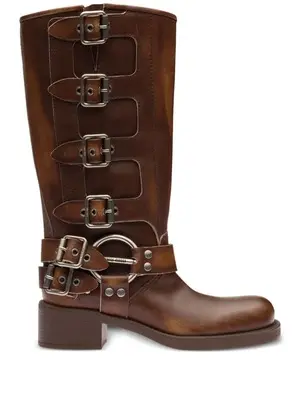 Miu Miu Buckle-detail Leather Mid-calf Boots - Brown