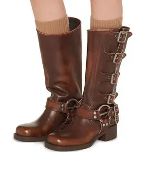 Miu Miu Buckle-detail Leather Mid-calf Boots - Brown