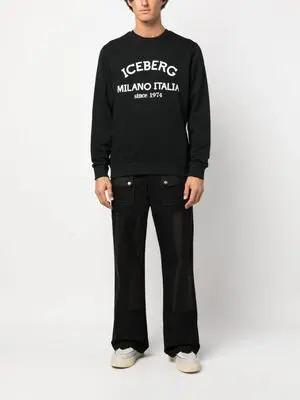 Iceberg Logo Print Cotton Sweatshirt - Black