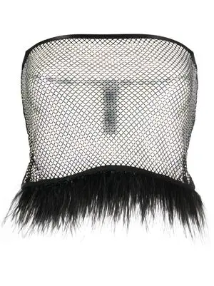 Patrizia Pepe Feather-trim Rhinestone Mesh Top - Black