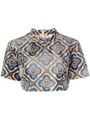 Etro Abstract-print Velvet Crop Top - Blue