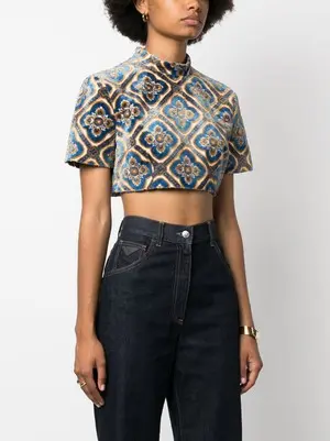 Etro Abstract-print Velvet Crop Top - Blue