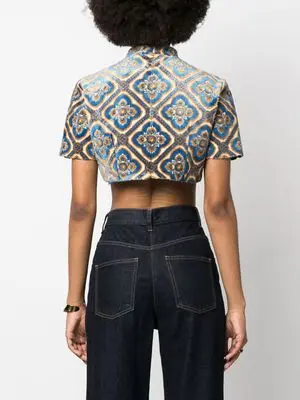 Etro Abstract-print Velvet Crop Top - Blue