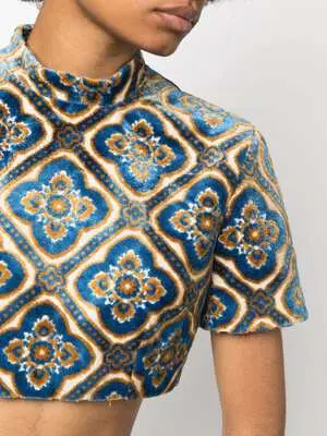 Etro Abstract-print Velvet Crop Top - Blue