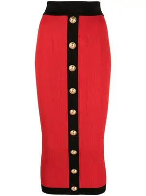 Balmain Buttoned Knit Midi Skirt - Red