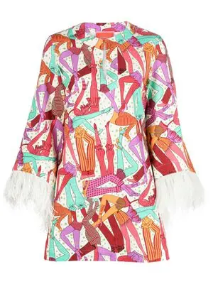La DoubleJ Feather-trim Printed Cotton Dress - Neutrals