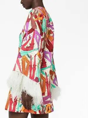La DoubleJ Feather-trim Printed Cotton Dress - Neutrals