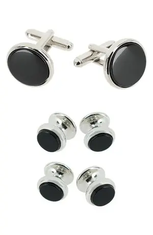 Trafalgar Sutton Onyx Cuff Link & Stud Set - Rhodium And Genuine Onyx
