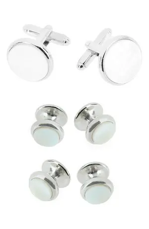 Trafalgar Sutton Mother Of Pearl Cuff Link & Stud Set - Rhodium With Mother Of Pearl