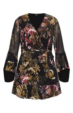 City Chic Floral Print Faux Wrap Dress With Bell Sleeves