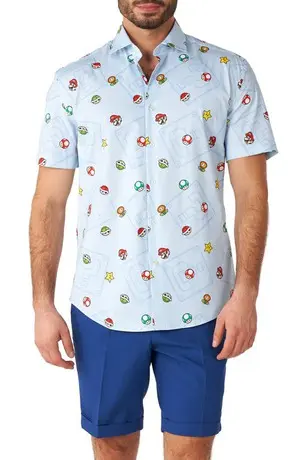 Opposuits Super Mario™ Stretch Short Sleeve Button-up Shirt - Blue