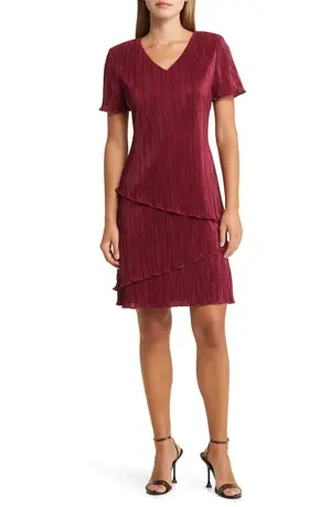 CONNECTED APPAREL Plissé Tiered Dress Merlot