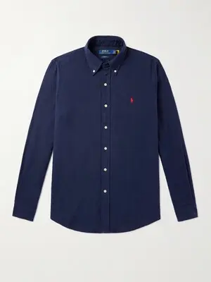 Polo Ralph Lauren Button-down Collar Logo-embroidered Cotton-flannel Shirt - Blue