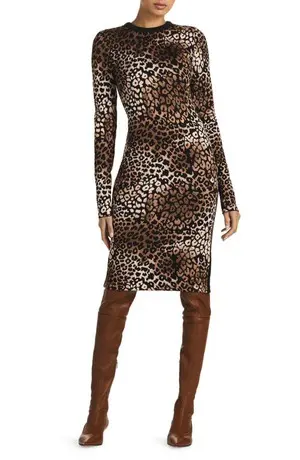 St. John Leopard Jacquard Knit Dress - Camel/ Black Multi