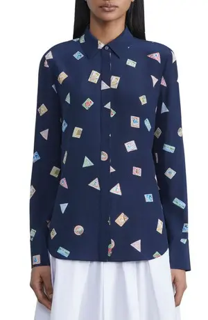 Lafayette 148 New York Scottie Postage Stamp Print Silk Button-up Shirt - Midnight Blue Multi