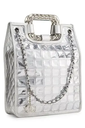 Chanel Metallic Quilted Leather Ice Cube Shopping Tote - Silver