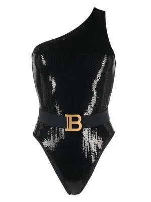 Balmain Sequined One-shoulder Swimsuit - Black