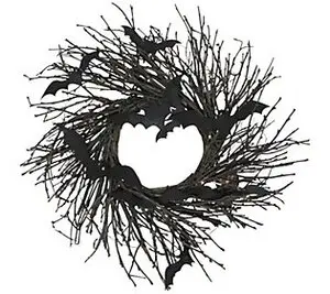 HAUNTED HILL FARM 15-in. Black Twig Flying Batswreath - One-color