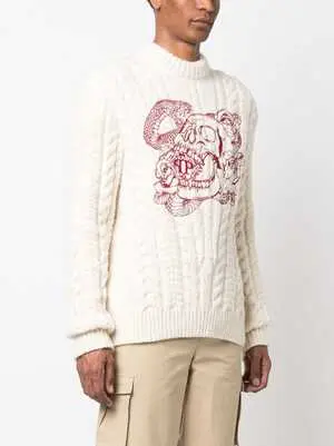 Philipp Plein Skull-embroidered Cable-knit Sweatshirt - White
