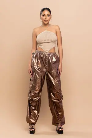 PERSONAL CODE Metallic Parachute Cargo Pants - Brown